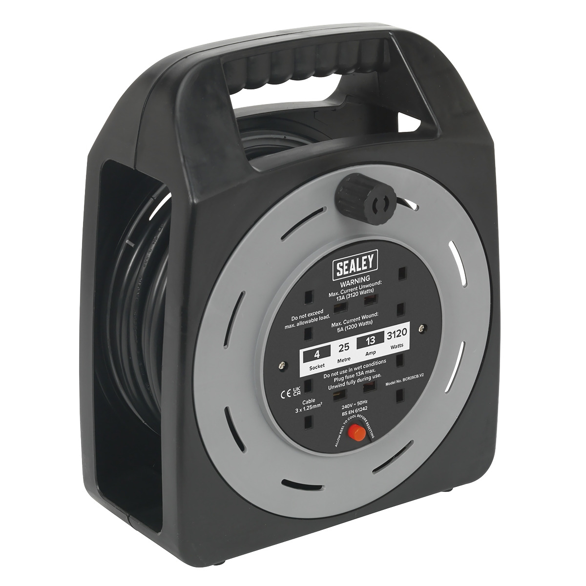 Sealey 25m Box Type Cable Reel with Thermal Trip 4 x 230V - Wow Tools