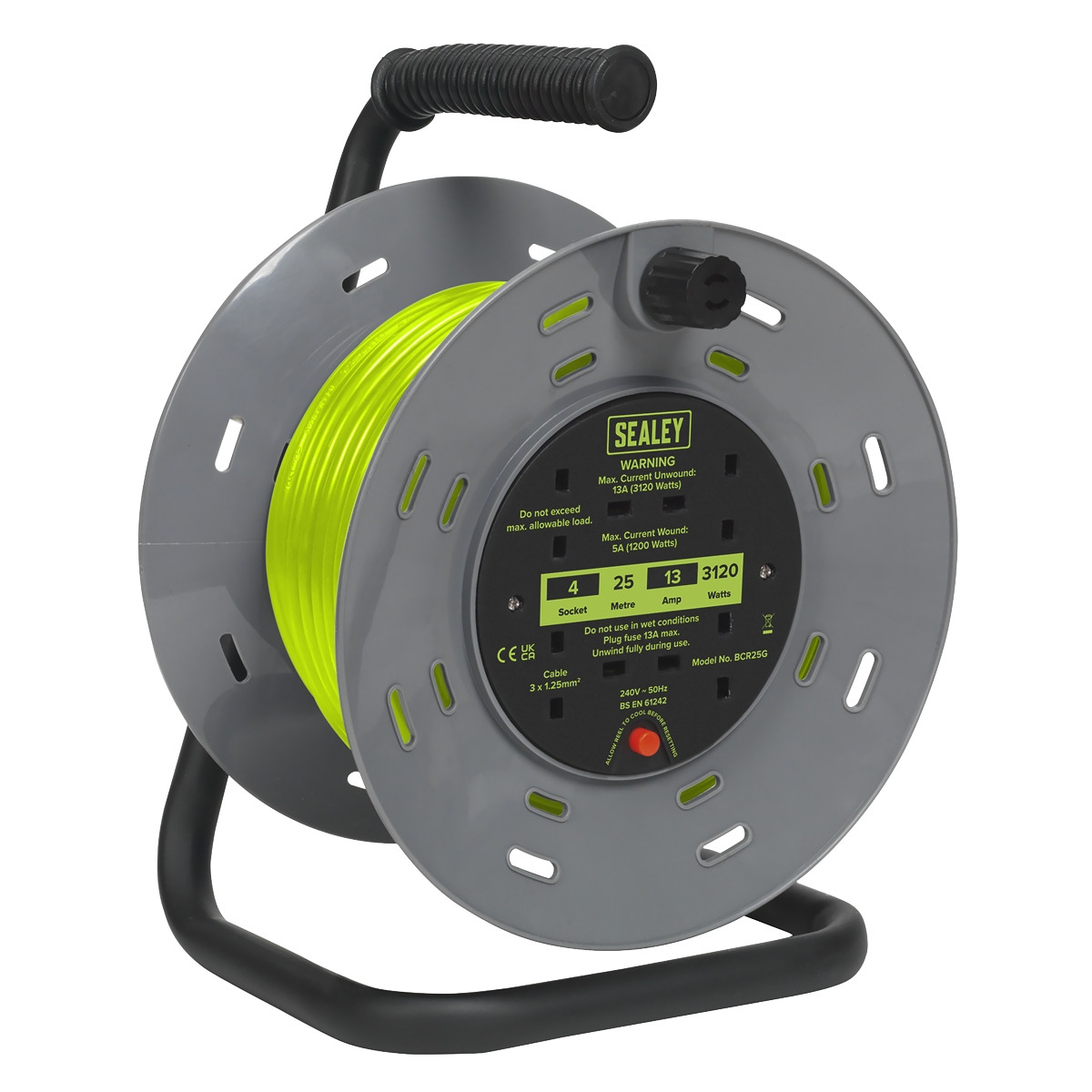 Sealey 25m Cable Reel with Thermal Trip 4 x 230V - Hi-Vis Green - Wow Tools