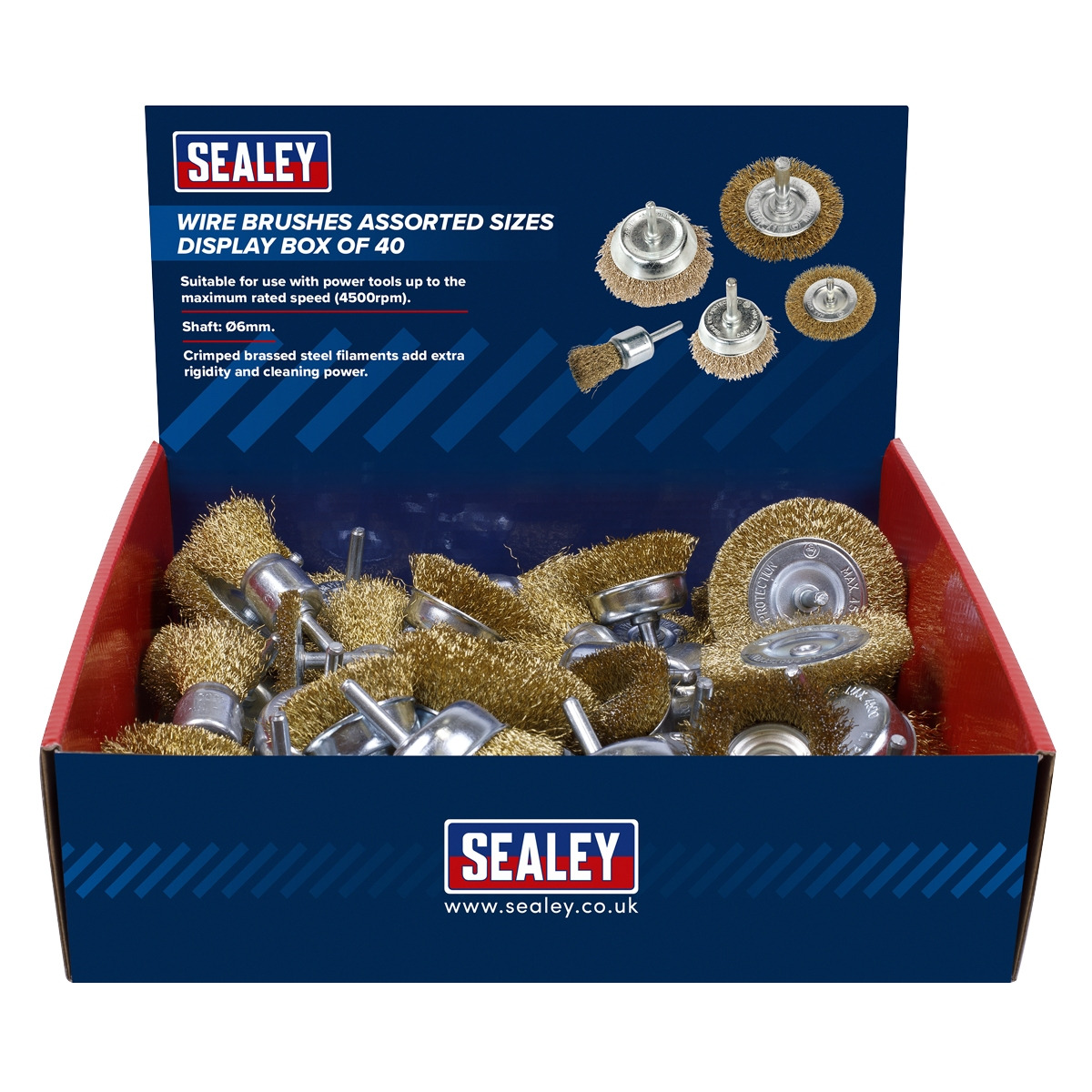 Sealey Crimped Wire Brushes Assorted Sizes - Display Box of 40 - Wow Tools