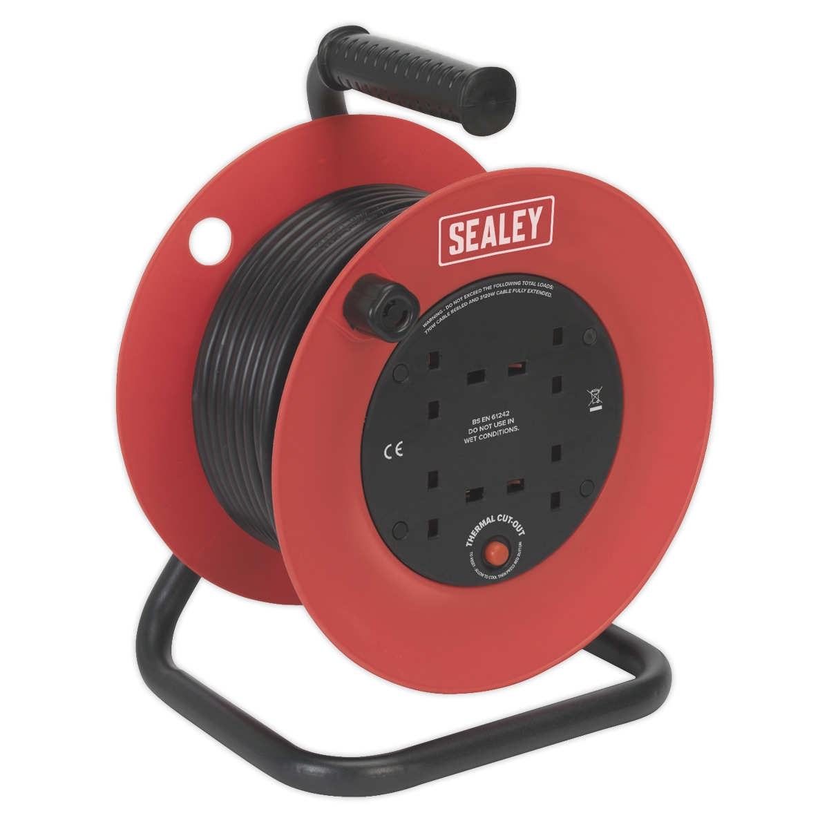Sealey 25m Heavy-Duty Cable Reel with Thermal Trip 4 x 230V - Wow Tools