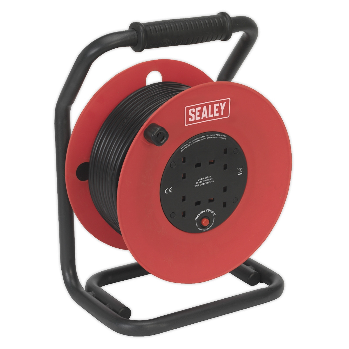 Sealey 50m Heavy-Duty Cable Reel with Thermal Trip 4 x 230V - Wow Tools