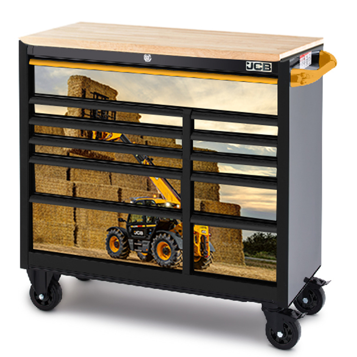 JCB 42'' Roller Tool Cabinet, 11 Drawers, Steel with Hardwood Worktop and Telehandler Wrap ...